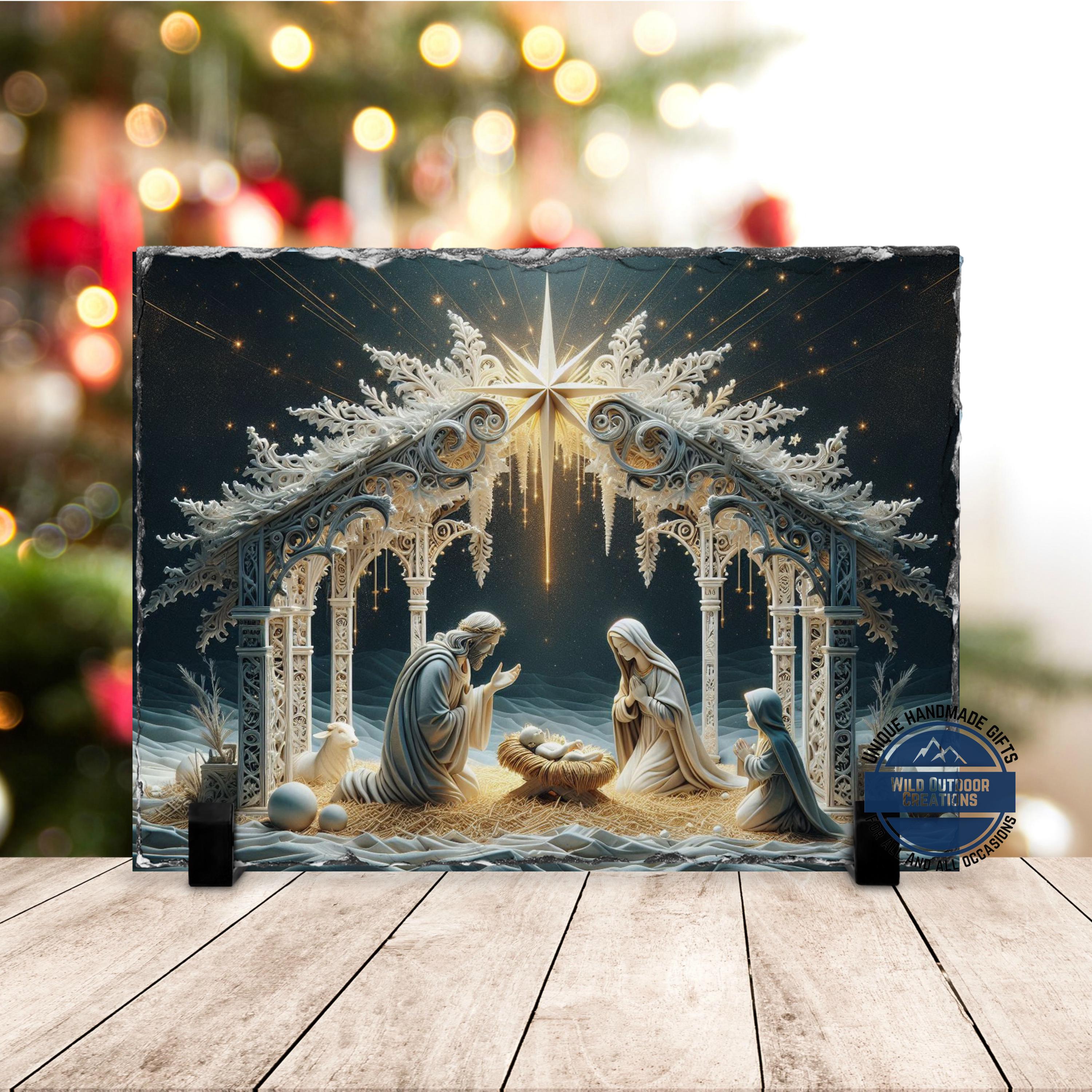 Nativity Scene Slate Plaque With Stand, 3D White Wood Carving Photo ...