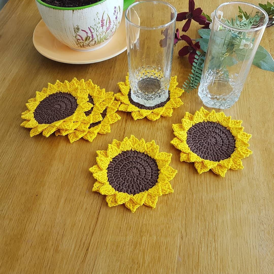 Sunflower Coaster, Crochet Tea Coaster, Set of 2 Coaster, Tea Crocheted ...