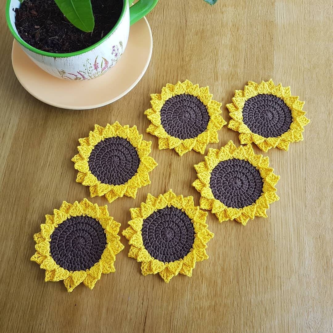 Sunflower Coaster, Crochet Tea Coaster, Set of 2 Coaster, Tea Crocheted ...