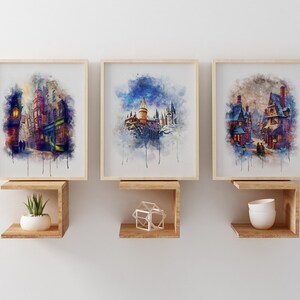Set of 3 Wizarding Watercolor Prints, Wizard Castle, Wizard Village ...