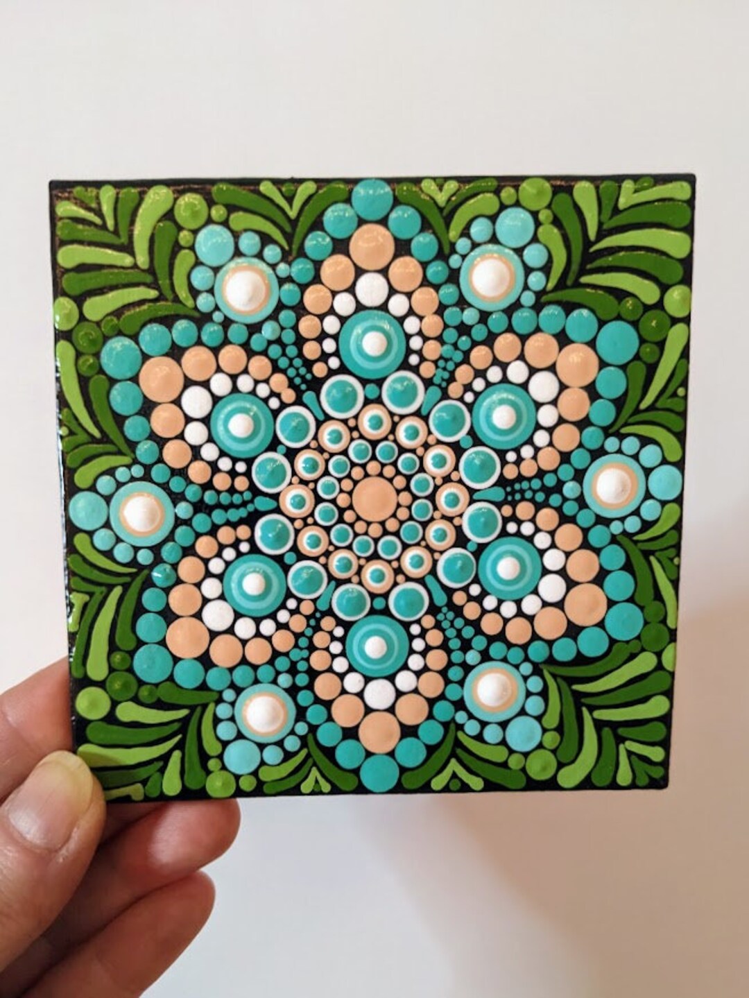 Mini Dot Mandala on Canvas Board. Tropical Turquoise Flower Acrylic Dot ...