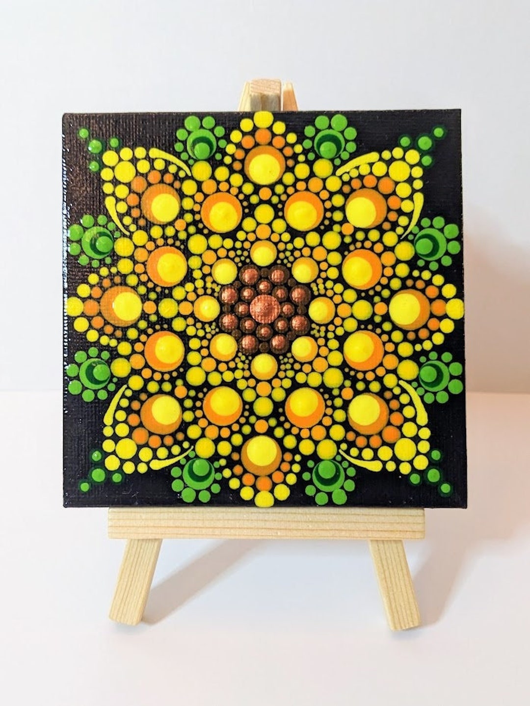 Sunflower Mini Dot Mandala on Stretched Canvas. Hand Painted Dot Flower ...