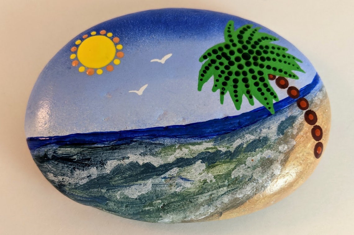 Palm Tree Beach Sun Fishbowl Painted Rock | Etsy