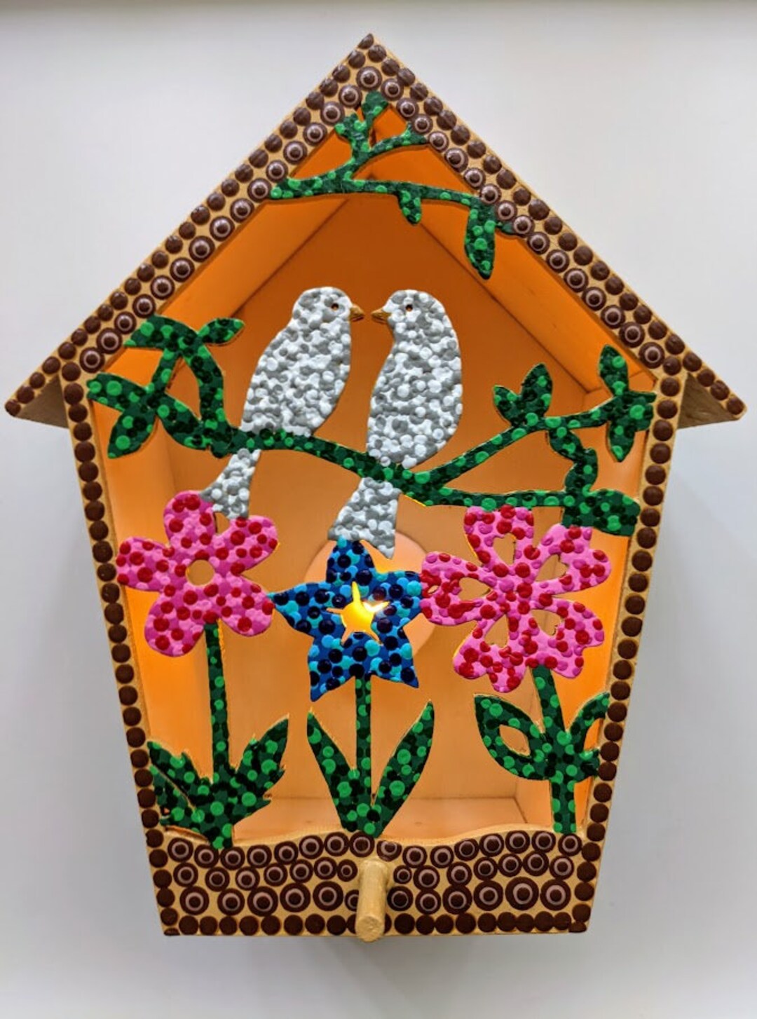 Dot Art Bird Lantern. Two Birds in the Garden, Hand Painted Home Decor ...