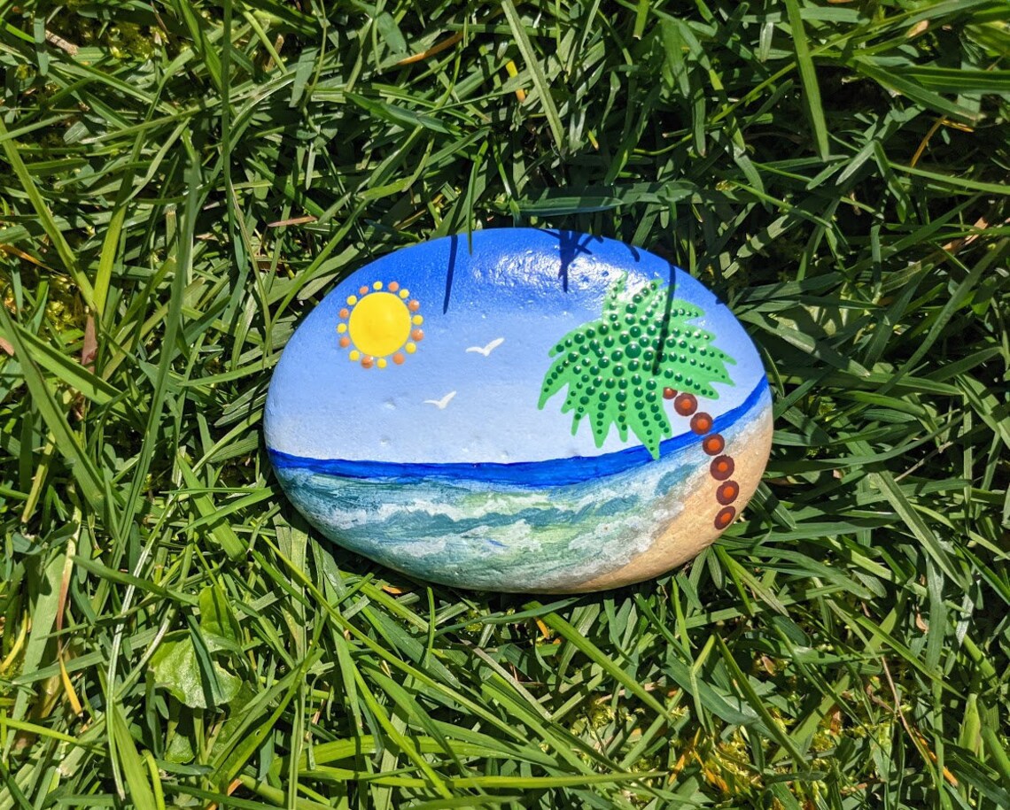 Palm Tree Beach Sun Fishbowl Painted Rock | Etsy