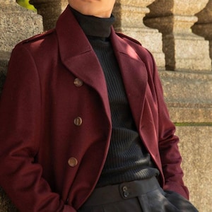 Premium Custom Maroon Top Tweed Long Overcoat, Men's Suit for Wedding ...