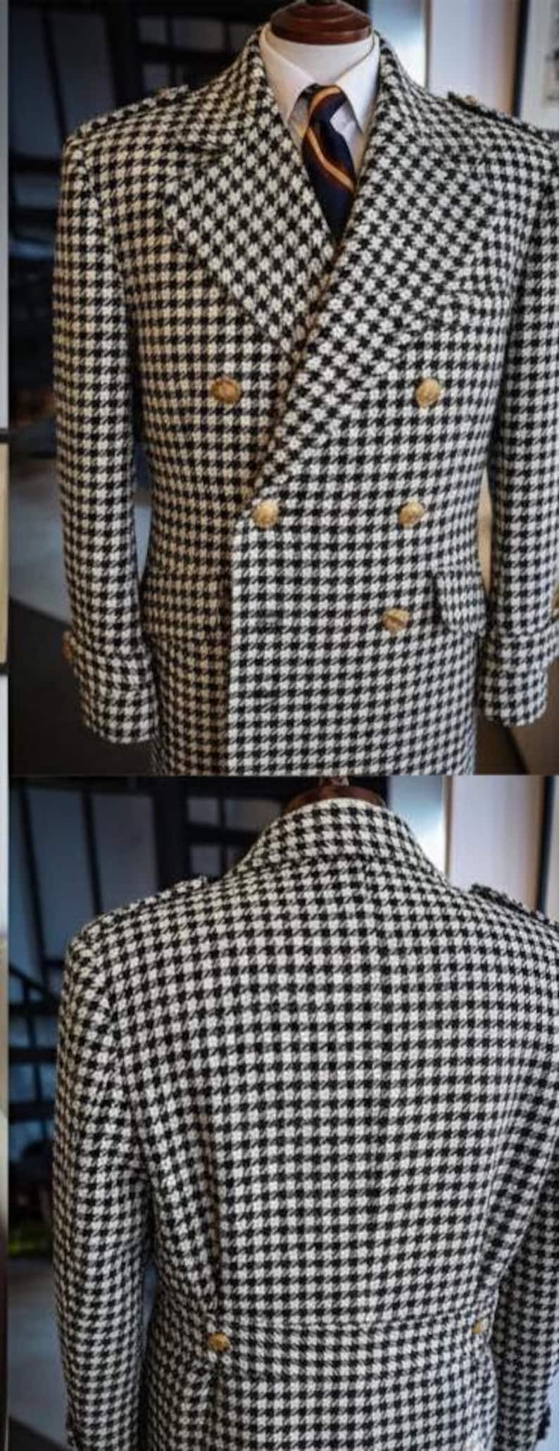 Houndstooth Wool Overcoat, Wide Peak Lapel, Double Breasted Trench Coat ...