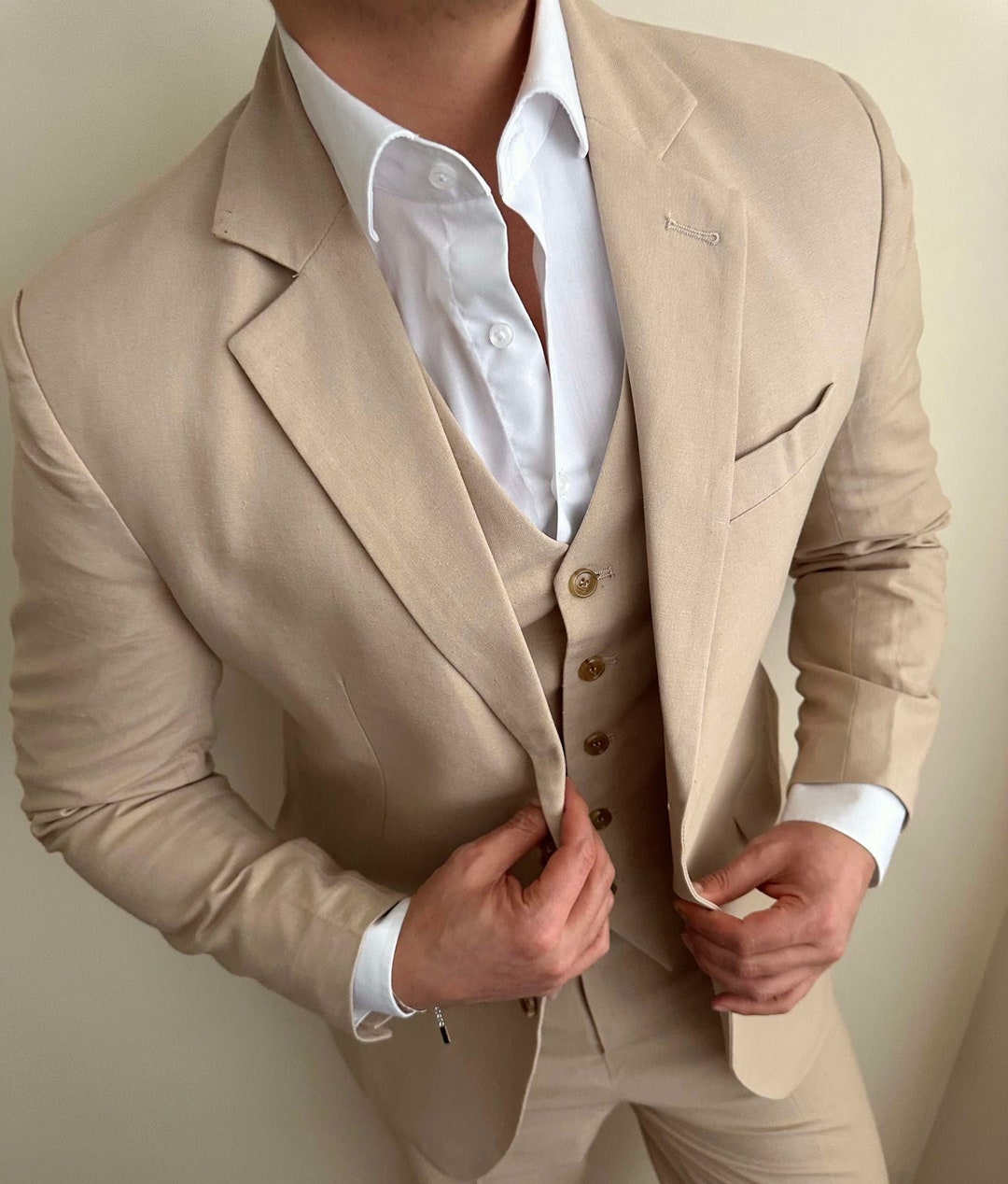 3 Piece Light Brown Linen Suit, Elegant Sand Brown Men's Outfit for ...