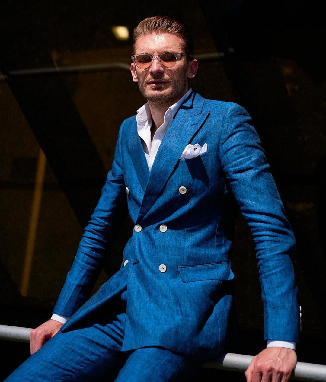 Blue Linen Double-breasted Suit, Unlined Lightweight Formal Wear ...