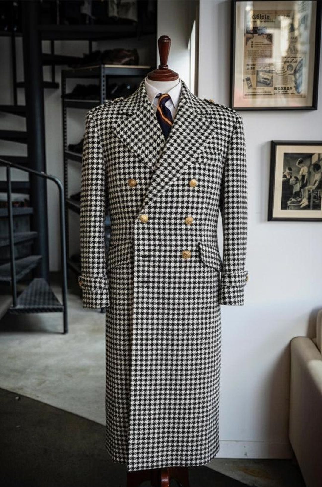Houndstooth Wool Overcoat, Wide Peak Lapel, Double Breasted Trench Coat ...