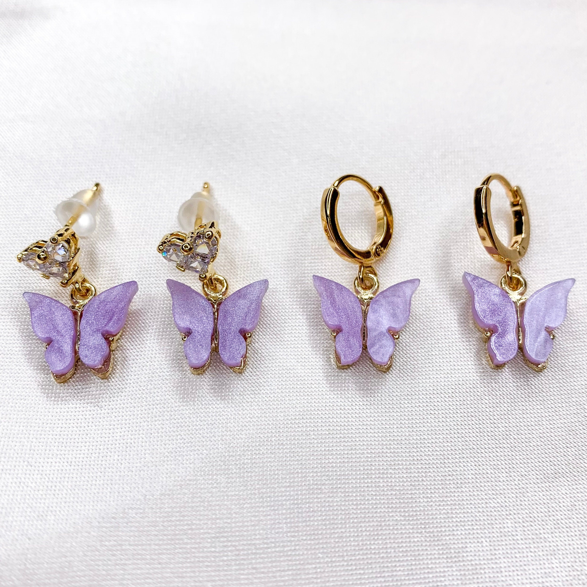 Lilac Purple Butterfly Earrings 16k Gold Plated Small | Etsy