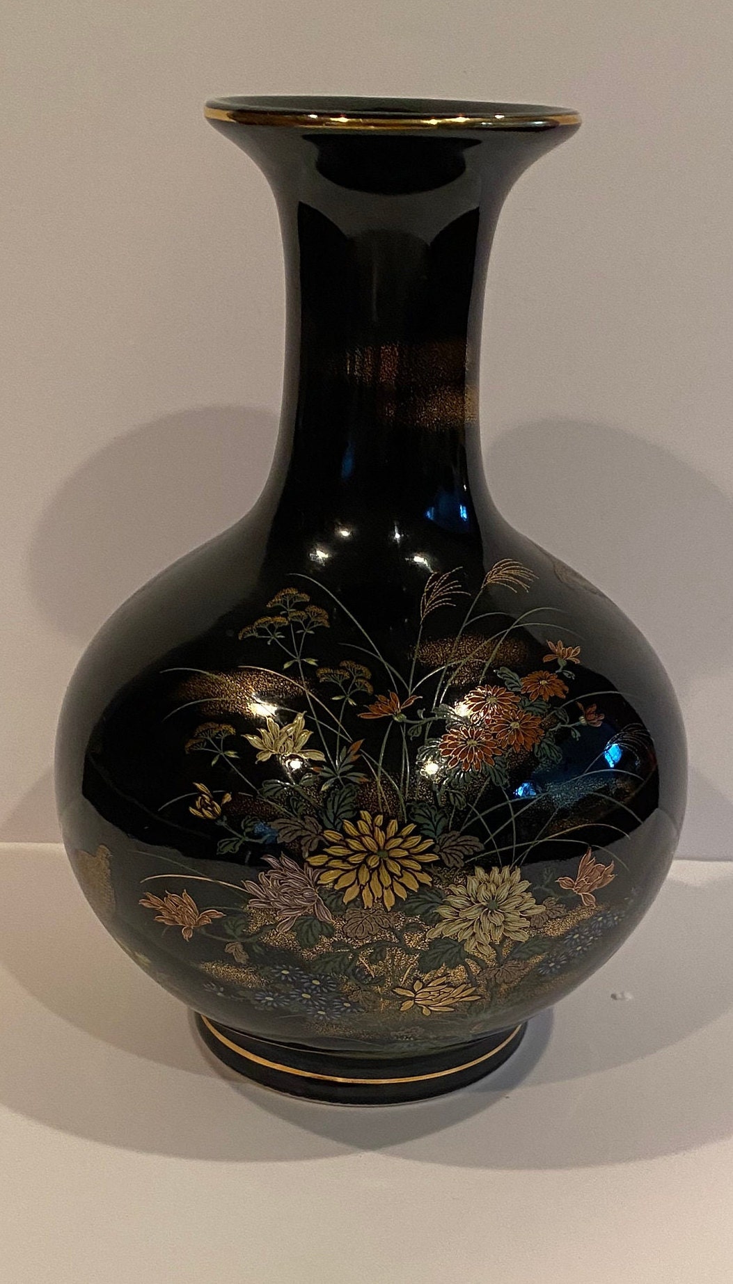 Vintage Yamaji Japanese Porcelain Vase Black With Colorful Flowers ...