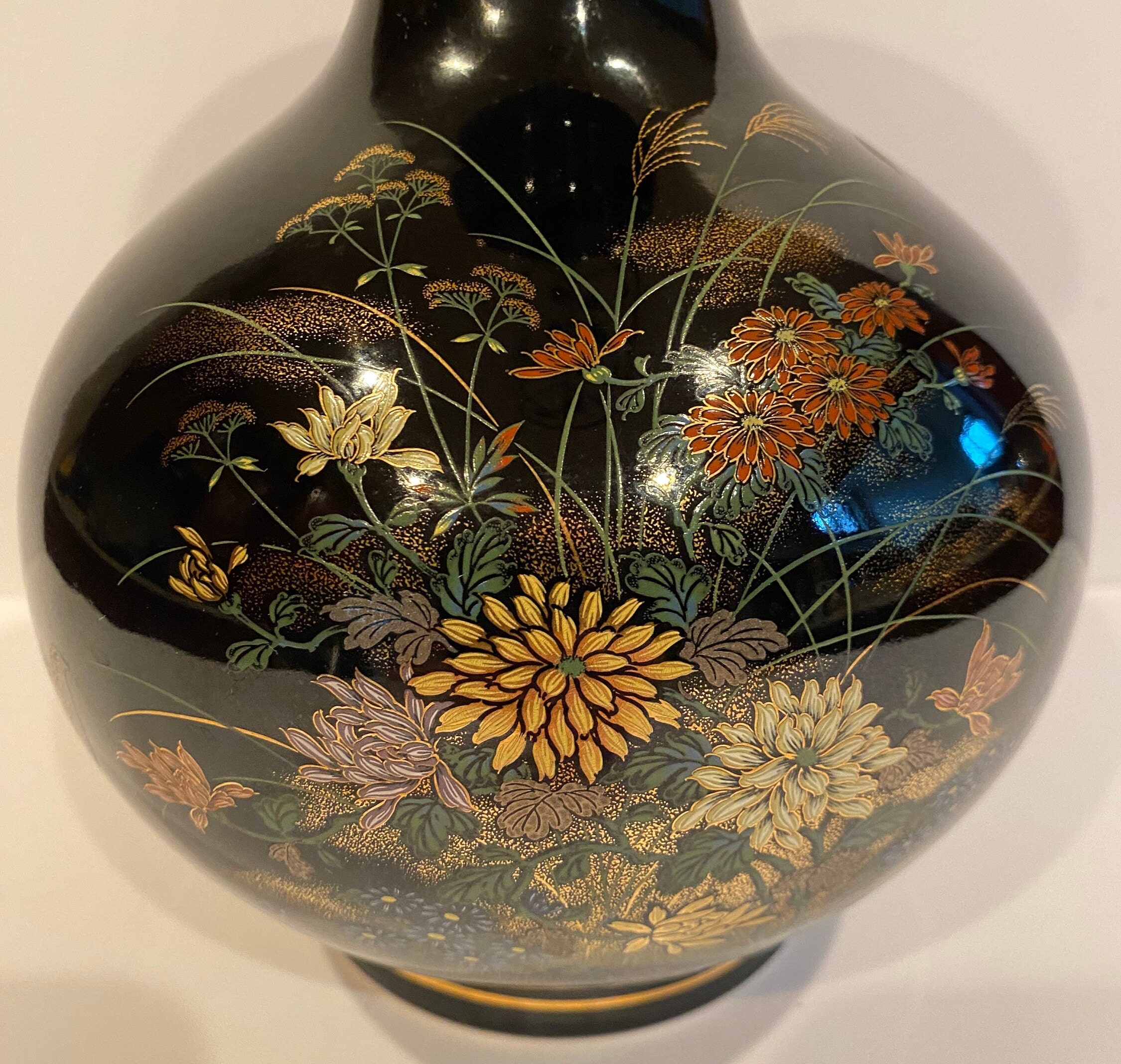 Vintage Yamaji Japanese Porcelain Vase Black With Colorful Flowers ...