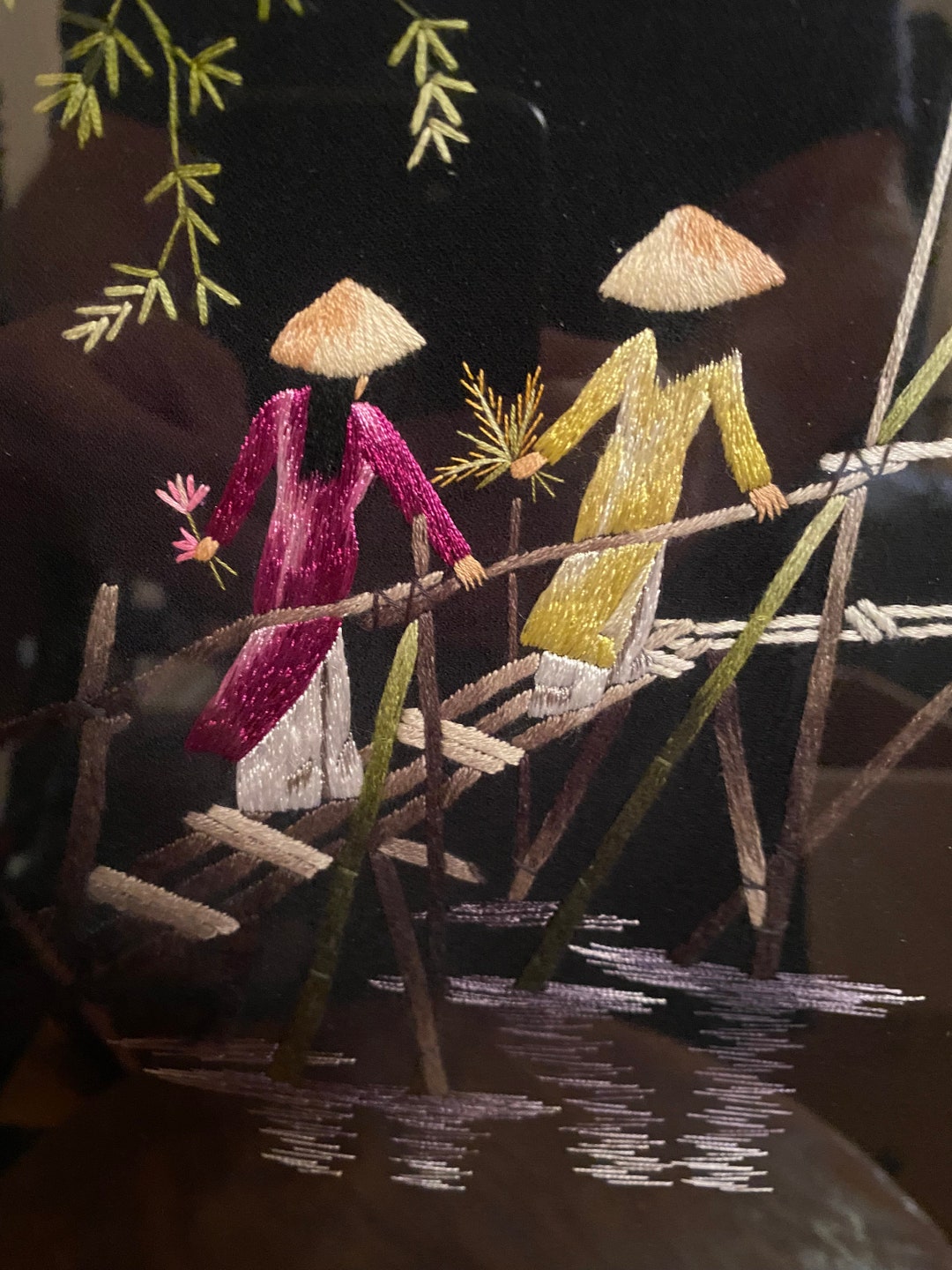 Asian Silk Thread Art in Frame Two Ladies on a Bridge Purple and Yellow ...