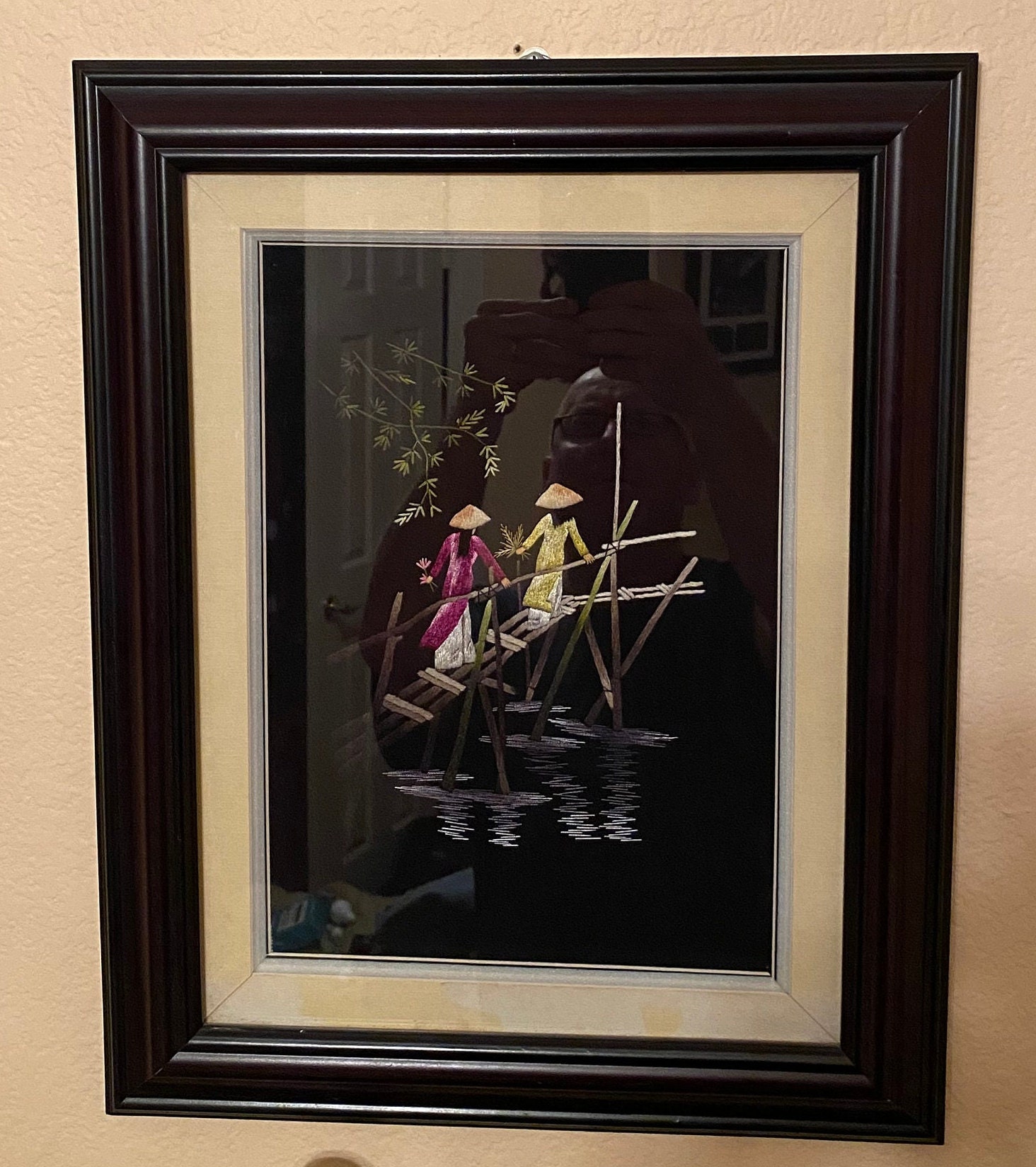 Asian Silk Thread Art in Frame Two Ladies on a Bridge Purple and Yellow ...