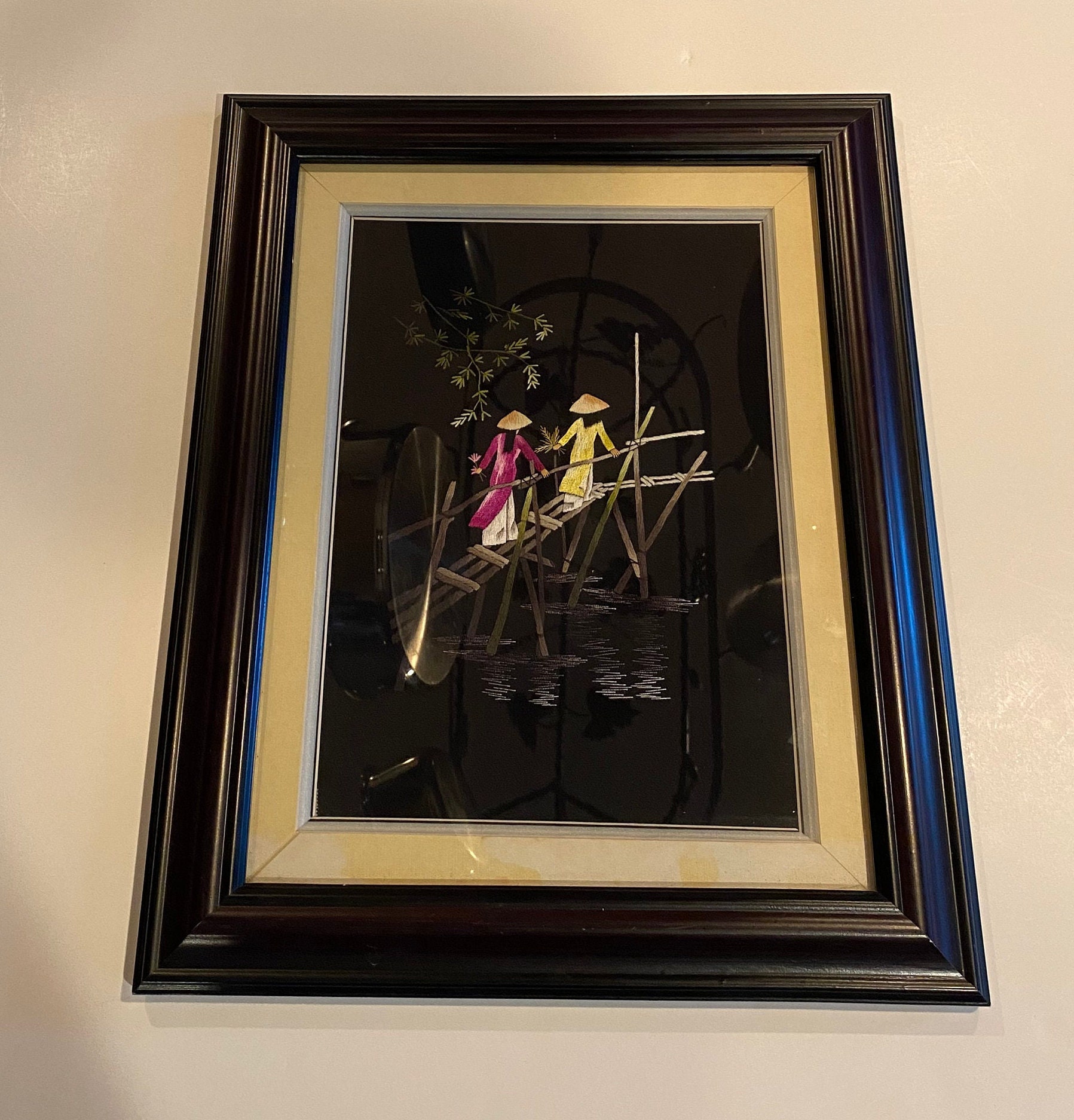 Asian Silk Thread Art in Frame Two Ladies on a Bridge Purple and Yellow ...