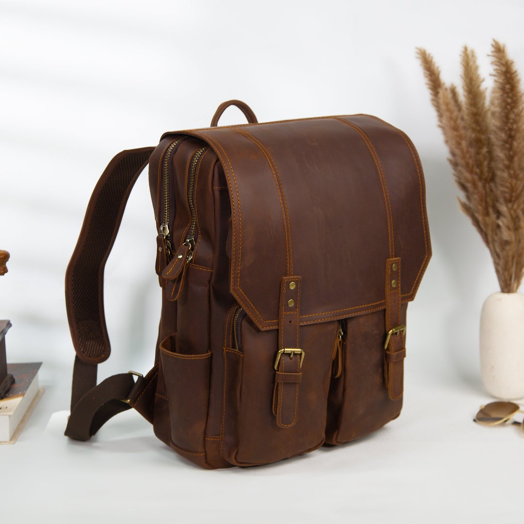 Leather Backpack, 16 Inches Personalized Engraved Laptop Rucksack Men ...