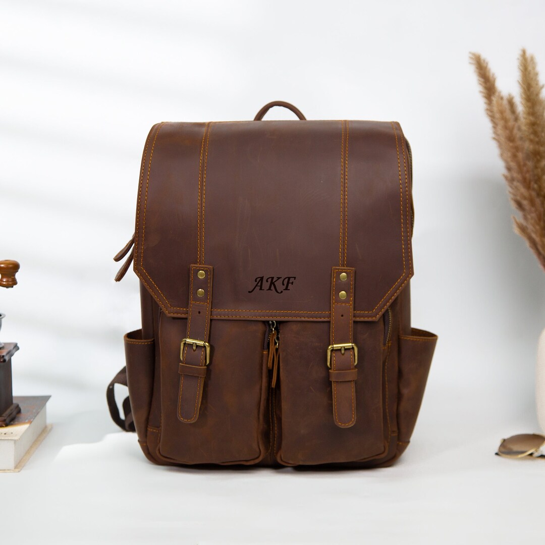 Leather Backpack, 16 Inches Personalized Engraved Laptop Rucksack Men ...