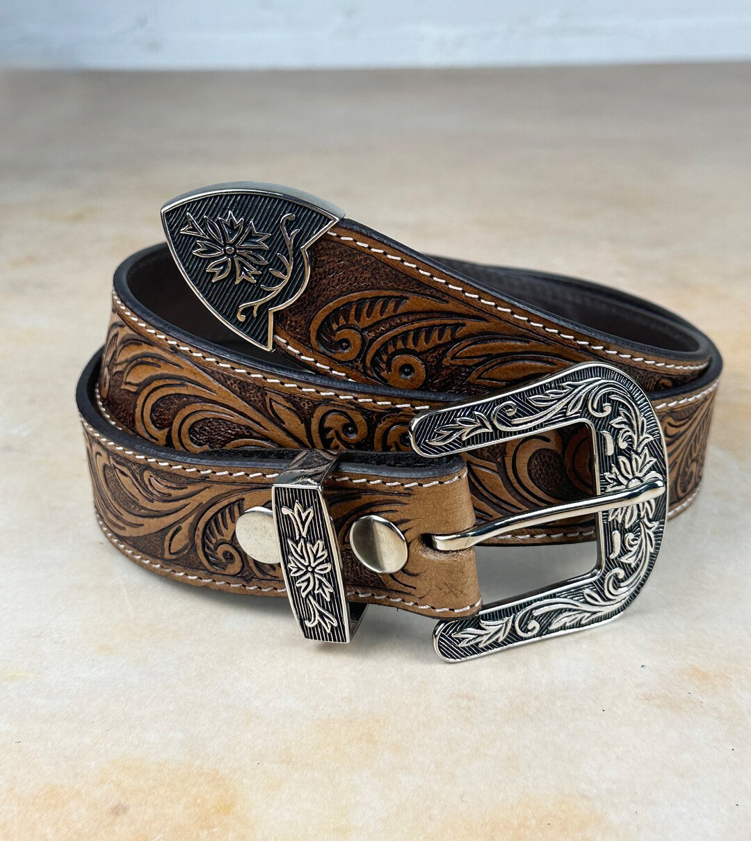 Tooled Western Floral Engraved Leather Belt 100% Genuine Full Grain ...
