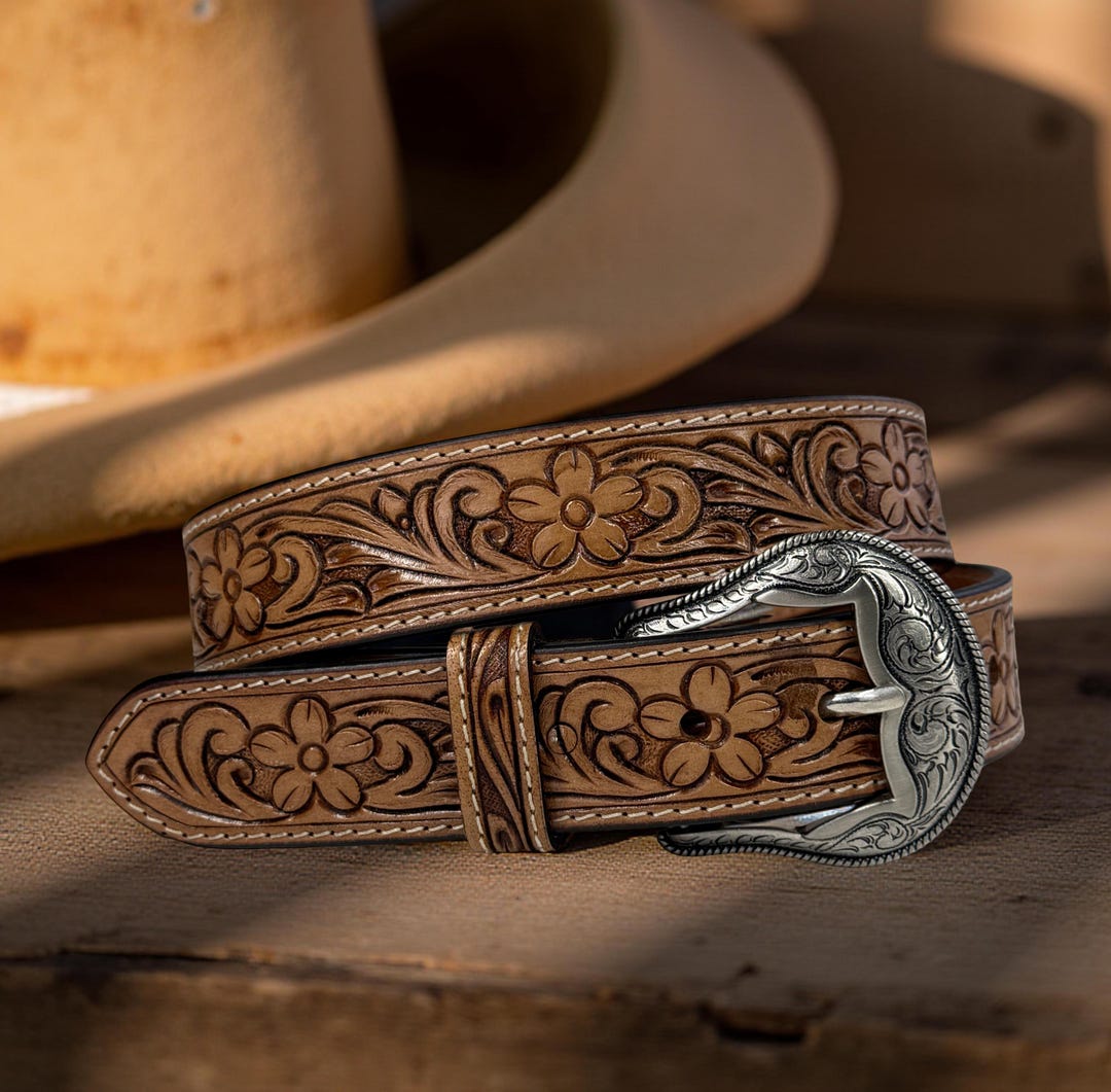 Tooled Western Floral Engraved Leather Belt 100% Genuine Full Grain ...