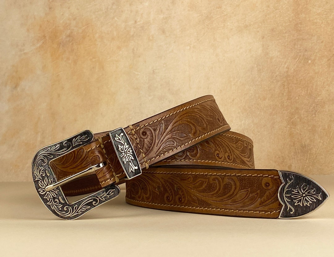 Tooled Western Floral Engraved Leather Belt 100% Genuine Full Grain ...