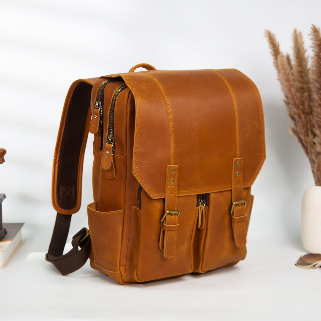 Leather Backpack, 16 Inches Personalized Engraved Laptop Rucksack Men ...