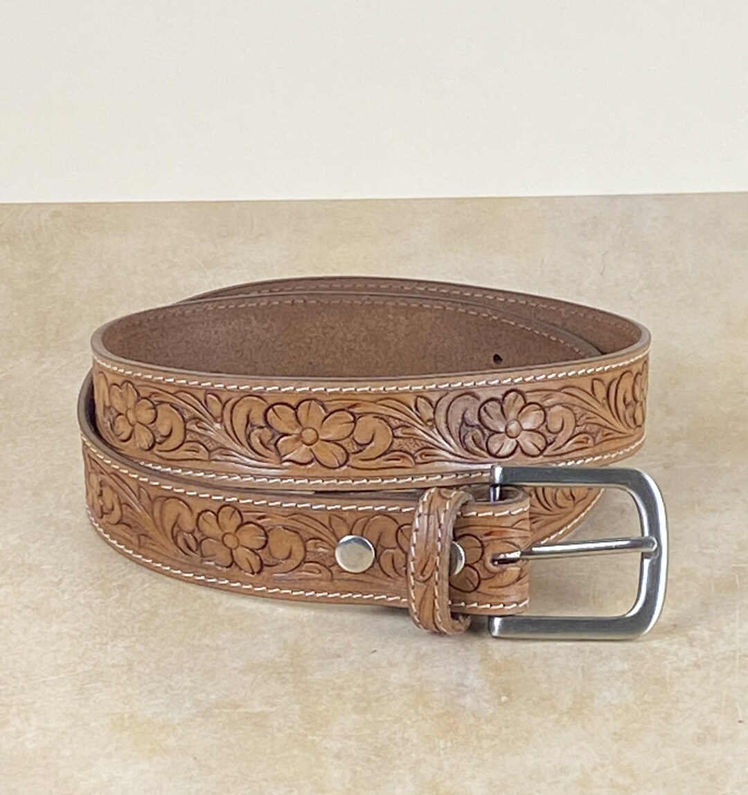 Tooled Western Floral Engraved Leather Belt 100% Genuine Full Grain ...