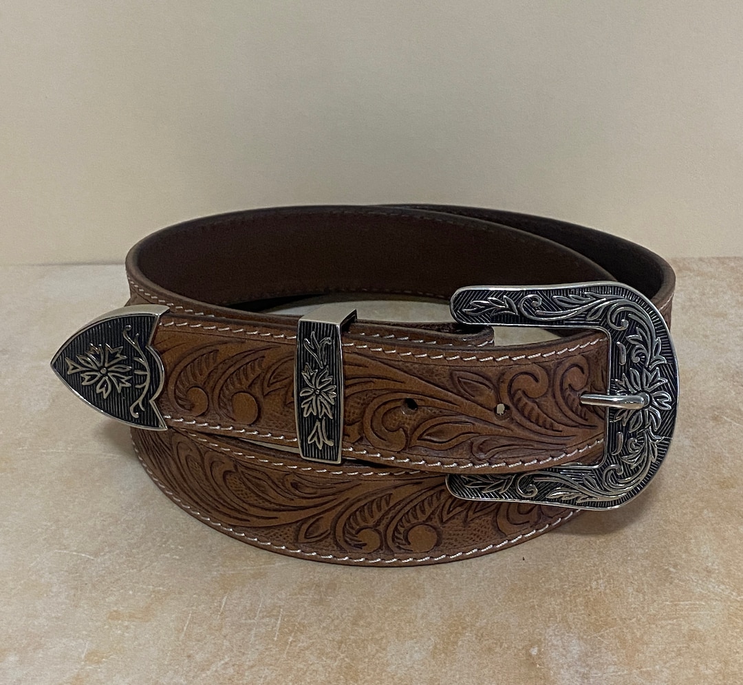 Tooled Western Floral Engraved Leather Belt 100% Genuine Full Grain ...