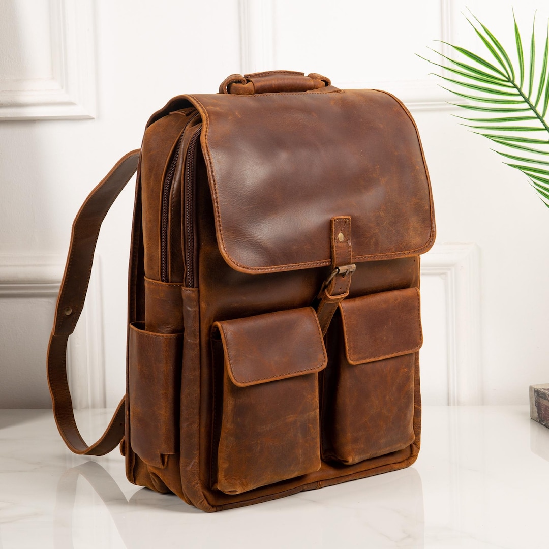Leather Backpack, 16 Inches Personalized Engraved Laptop Rucksack Men ...