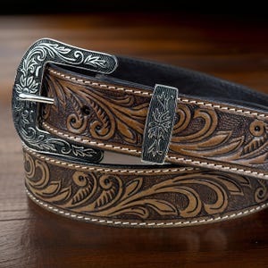 Tooled Western Floral Engraved Leather Belt 100% Genuine Full Grain ...