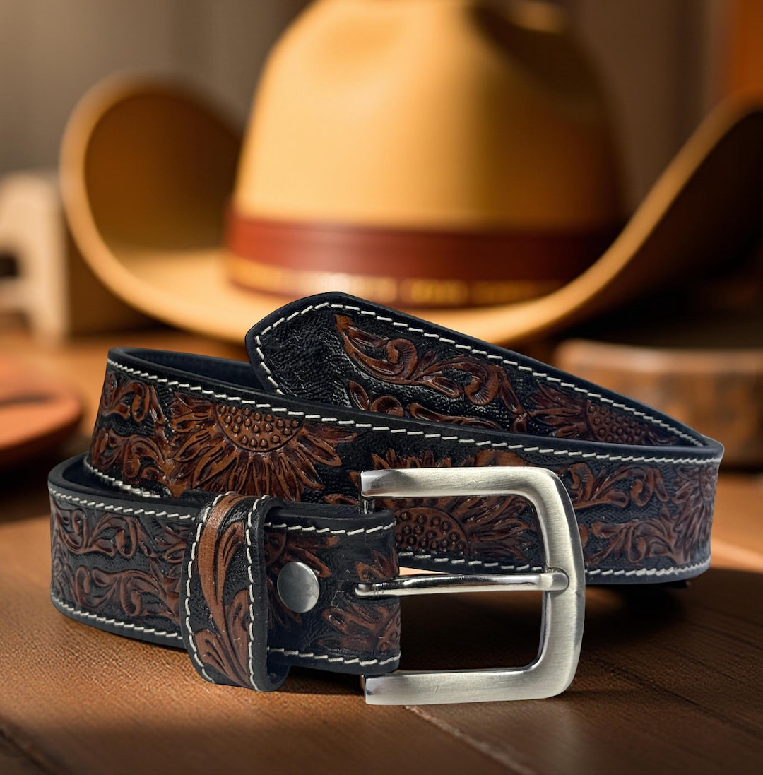 Tooled Western Floral Engraved Leather Belt 100% Genuine Full Grain ...