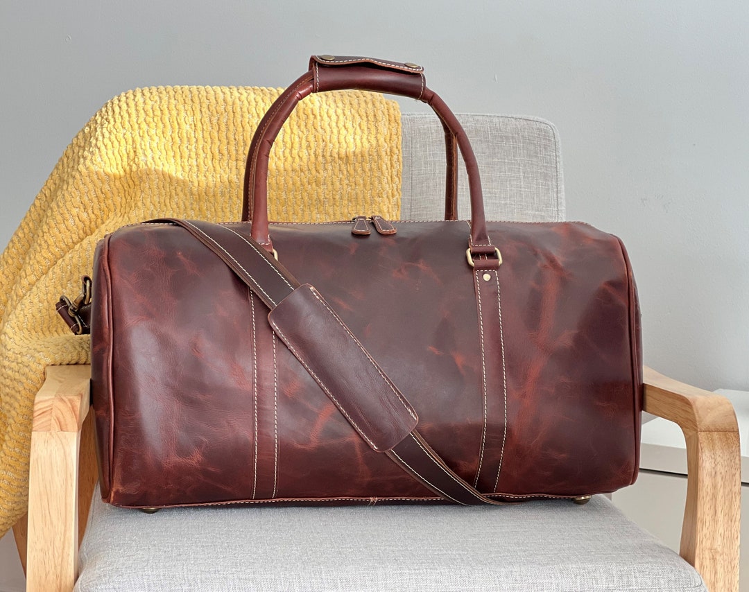 Full Grain Leather Weekender Bag, Burgundy Leather Duffel Sports Gym ...