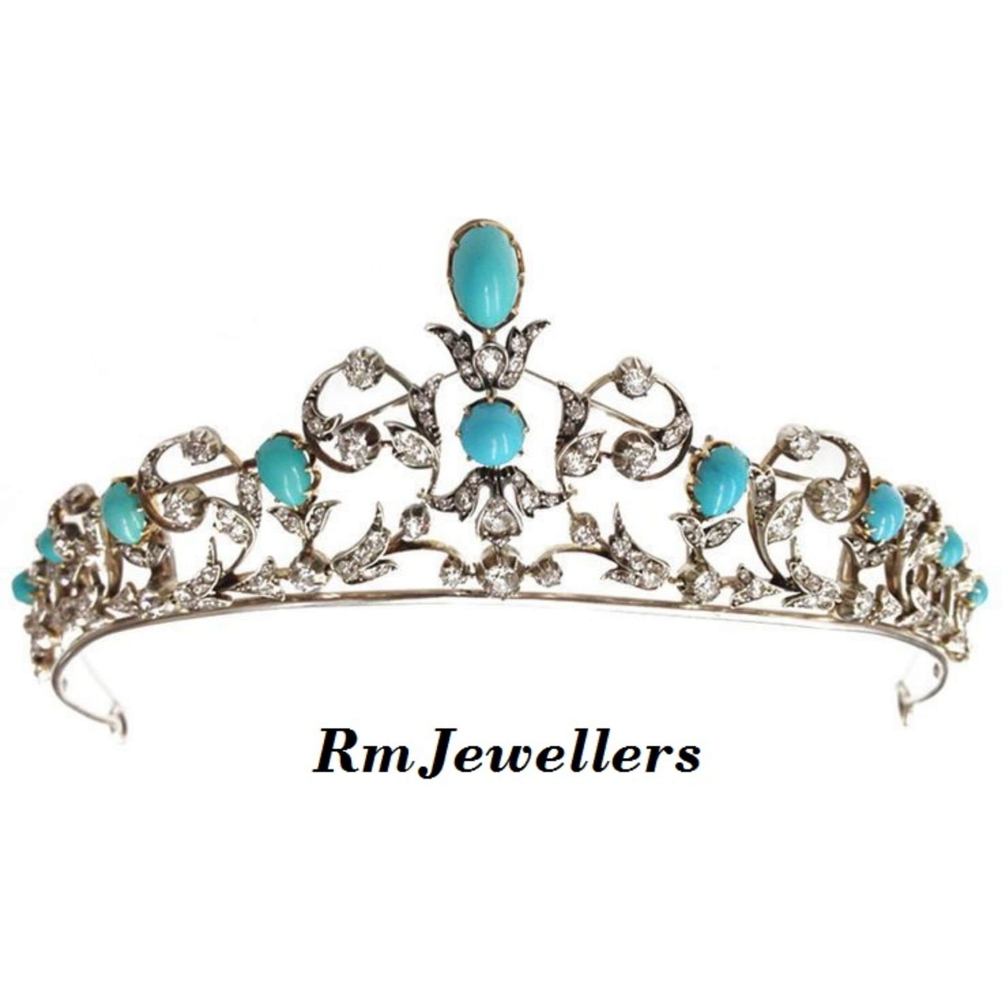 Victorian Sterling Silver Tiara: American Diamond & Turquoise Floral ...