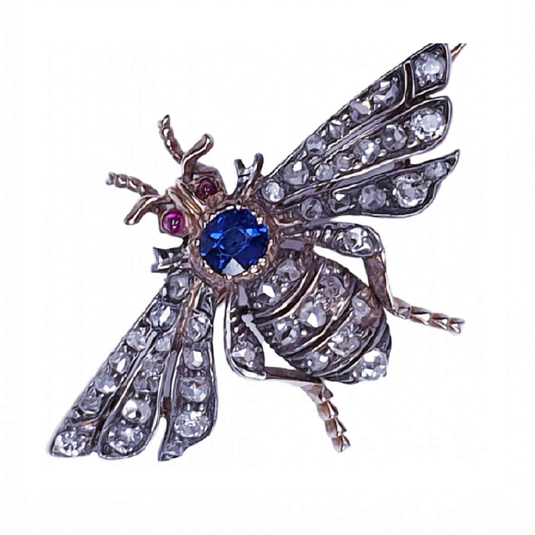 Victorian Rose Cut Diamond Bug Brooch: Ruby & Sapphire, 925 Sterling ...