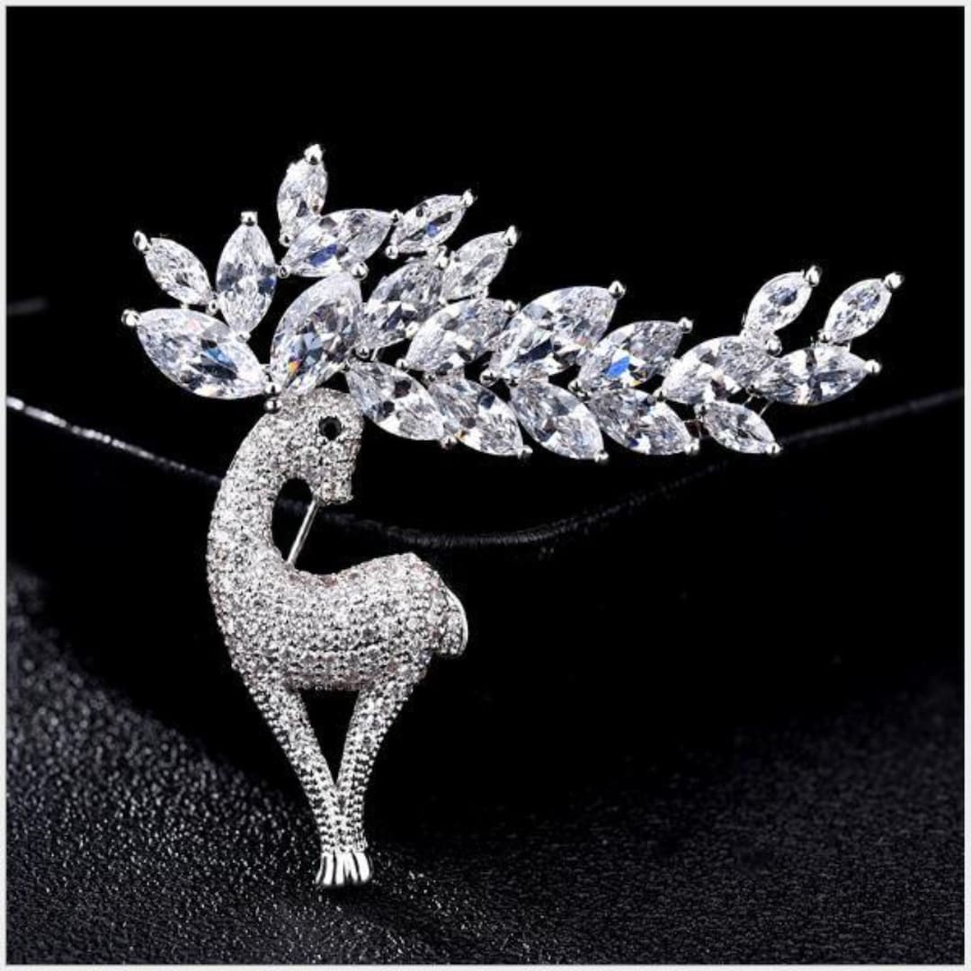 Handmade Sterling Silver Deer Brooch: 3.5ct CZ Diamond, Platinum Plated ...