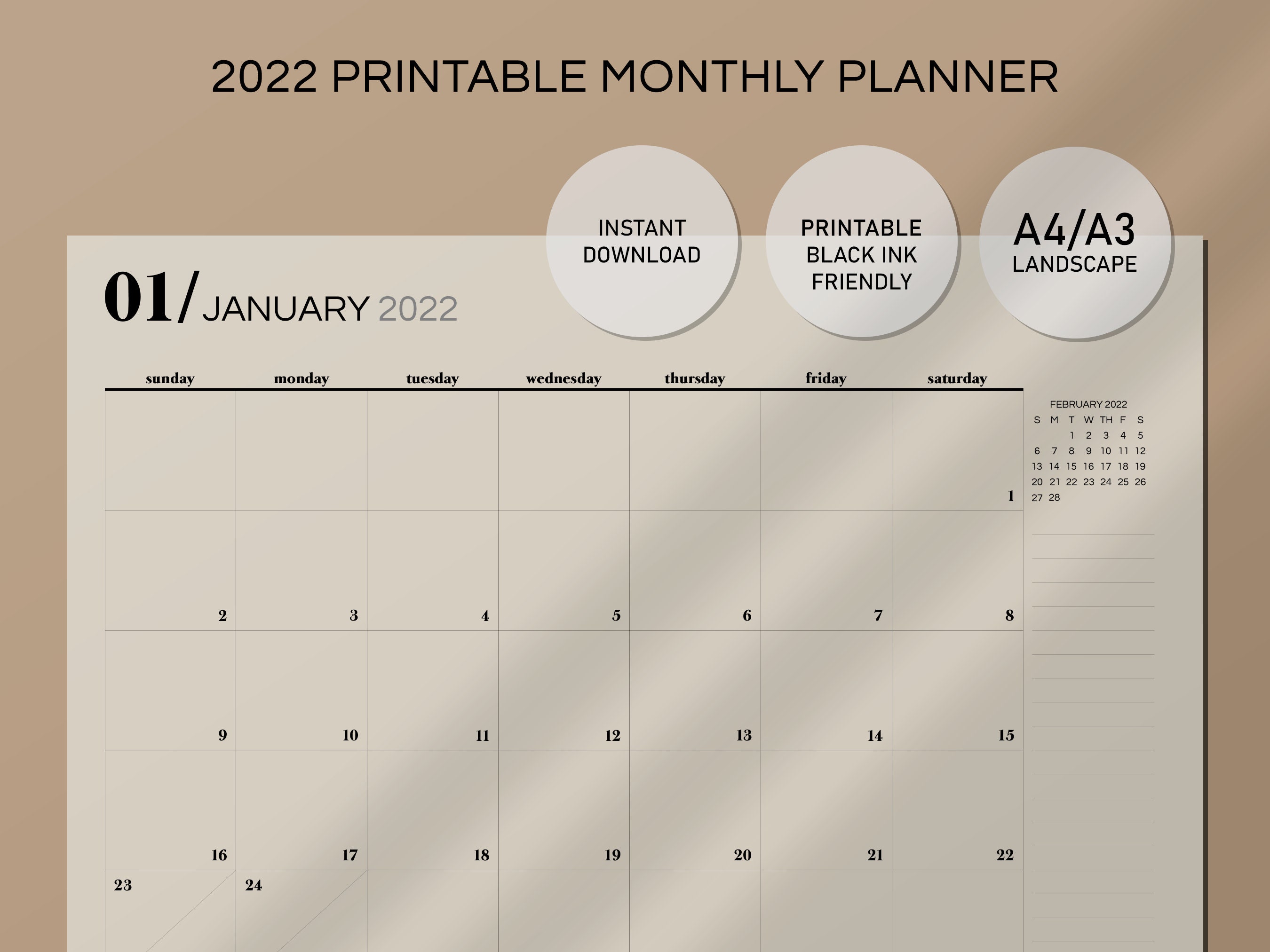 2022 Printable Monthly Planner, Blank Calendar, Digital Planner ...