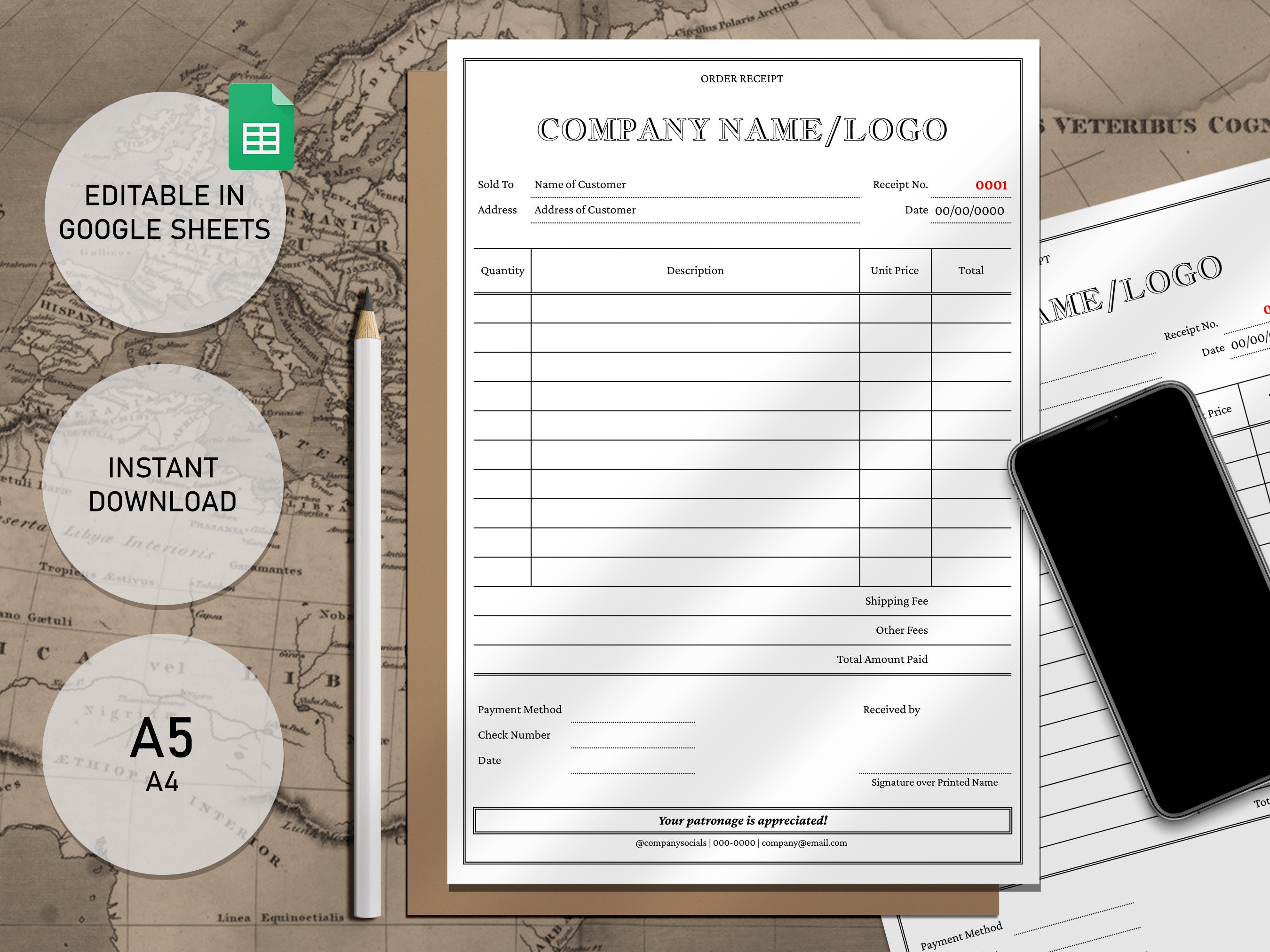 Vintage Order Receipt Template, Printable, Google Sheets Editable ...