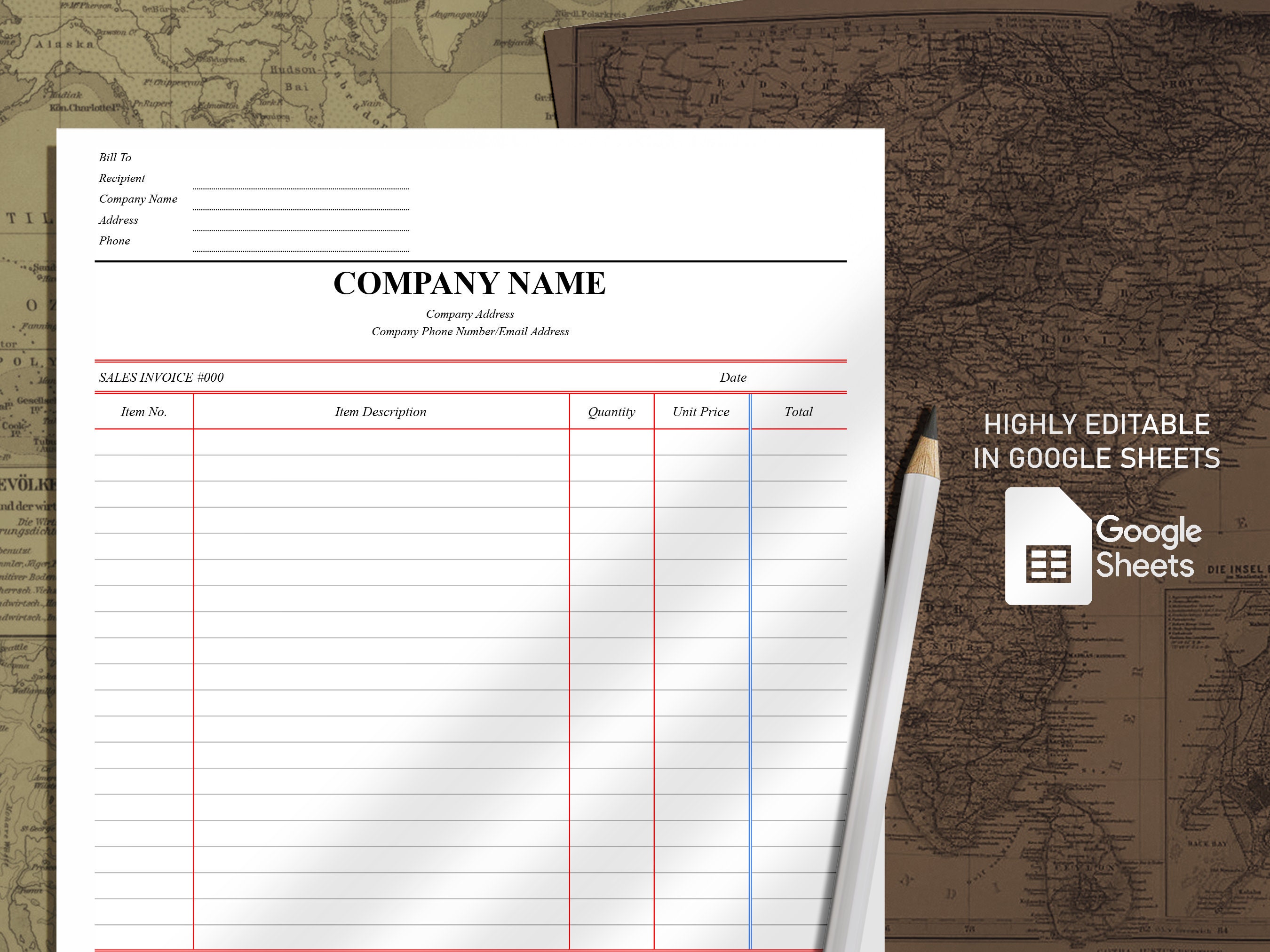 Vintage Sales Invoice Template Printable, Google Sheets Editable ...
