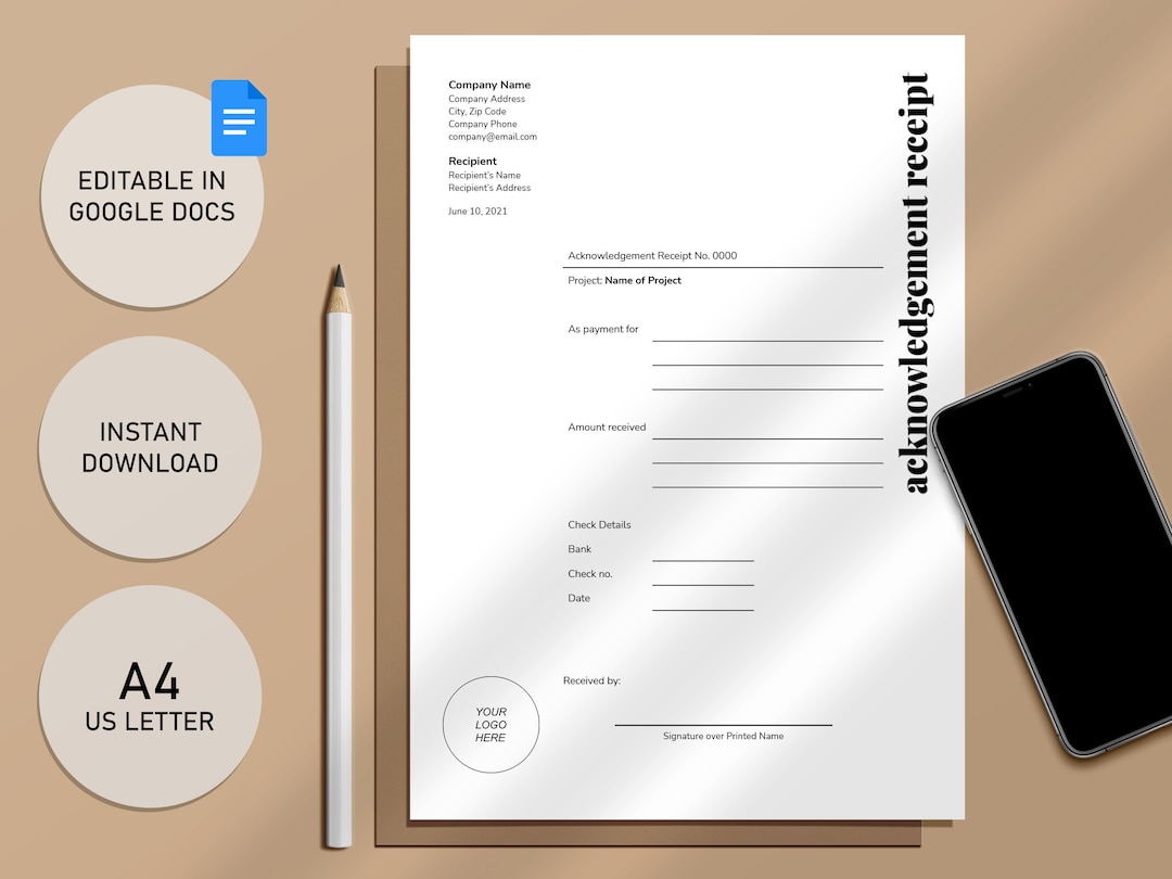 Acknowledgement Receipt Template Printable Minimalist, Google Docs ...