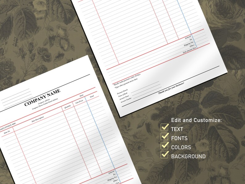 Vintage Sales Invoice Template Printable, Google Sheets Editable ...