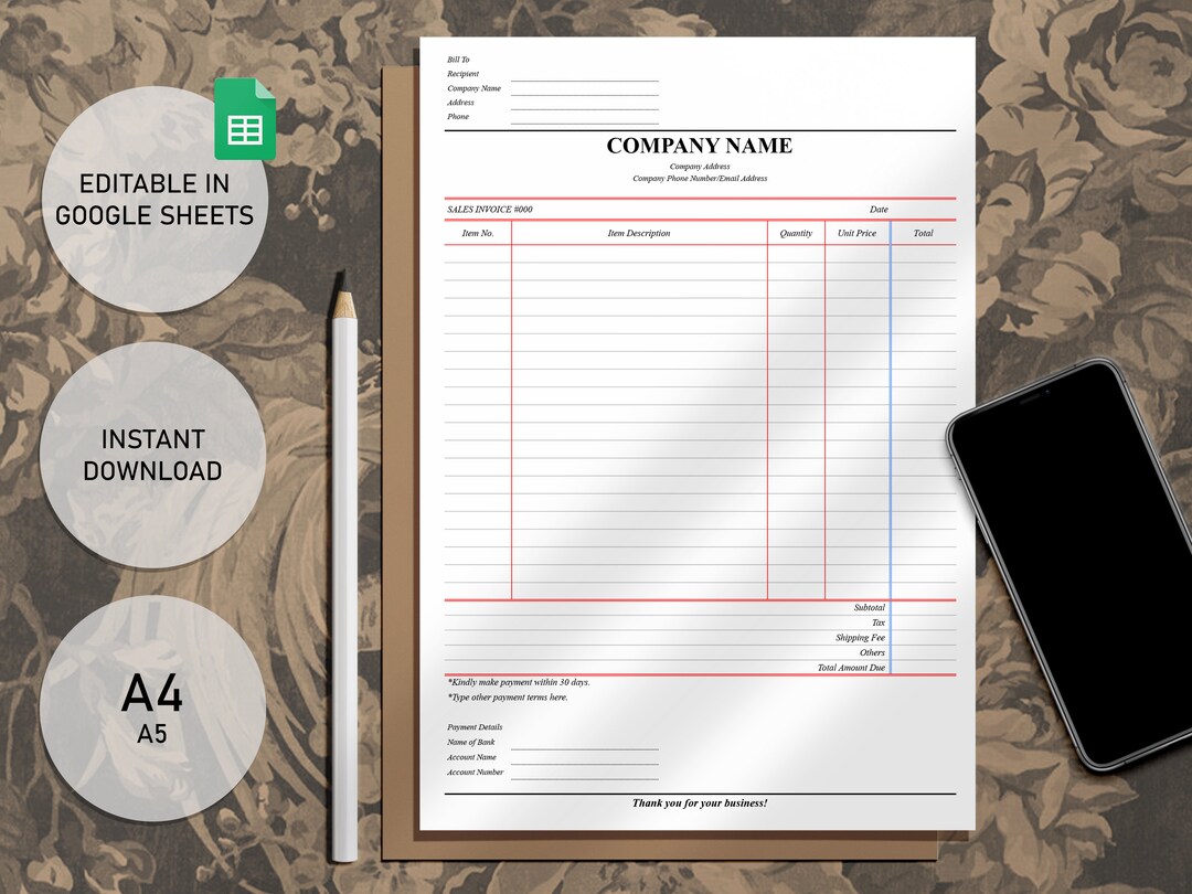 Vintage Sales Invoice Template Printable, Google Sheets Editable ...