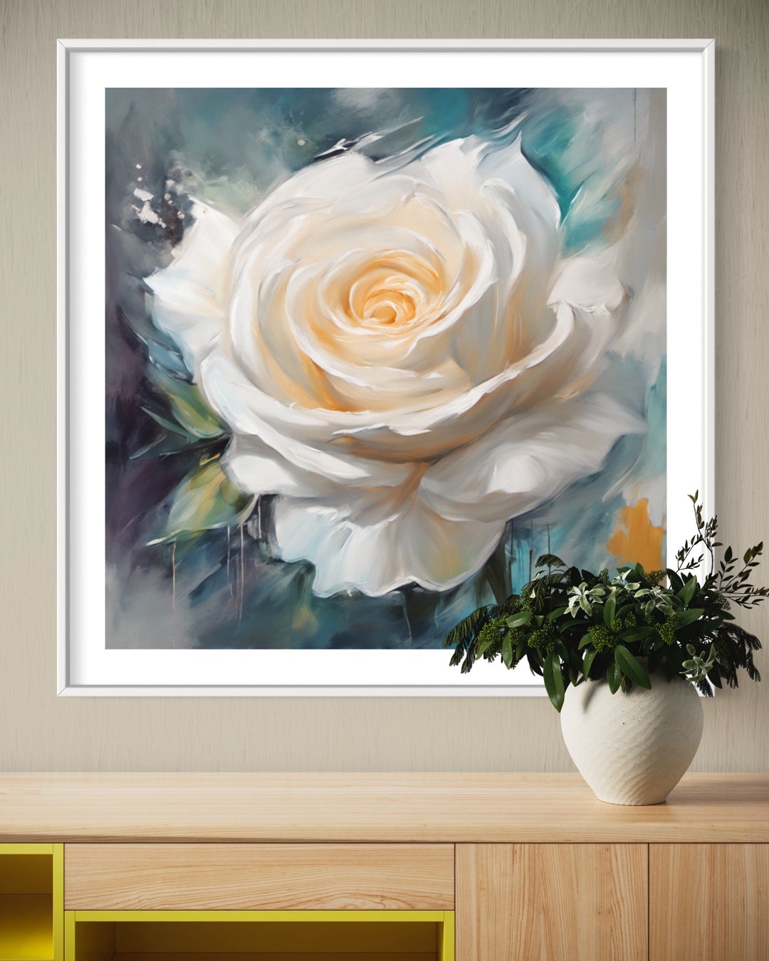 White Rose Painting: Large Floral Acrylic Art - Etsy