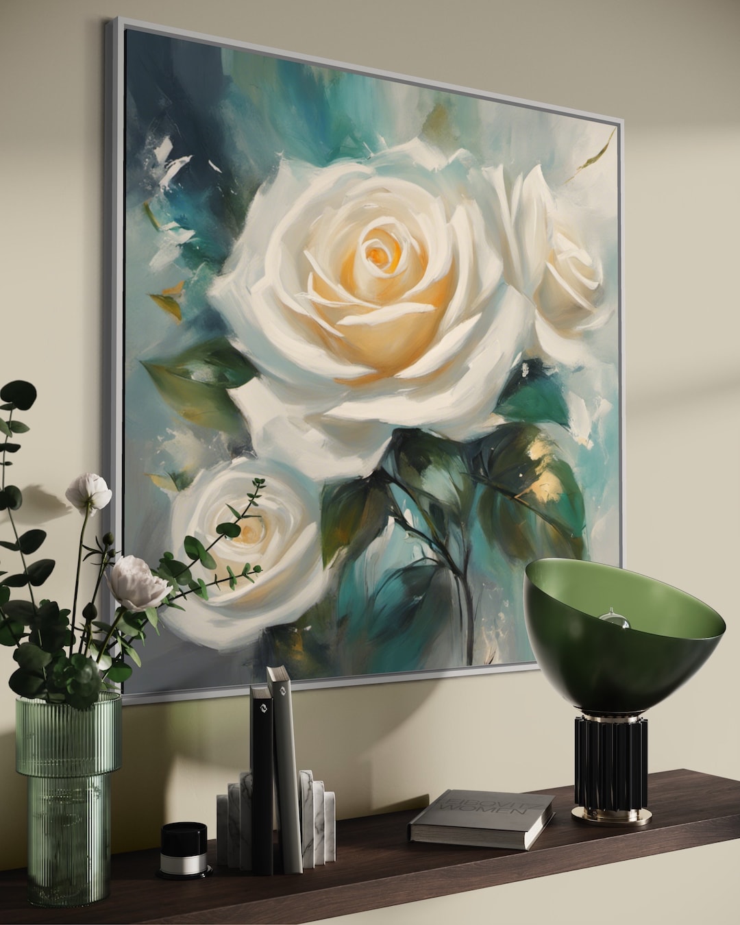 White Rose Painting: Large Floral Acrylic Art, Square Canvas - Etsy