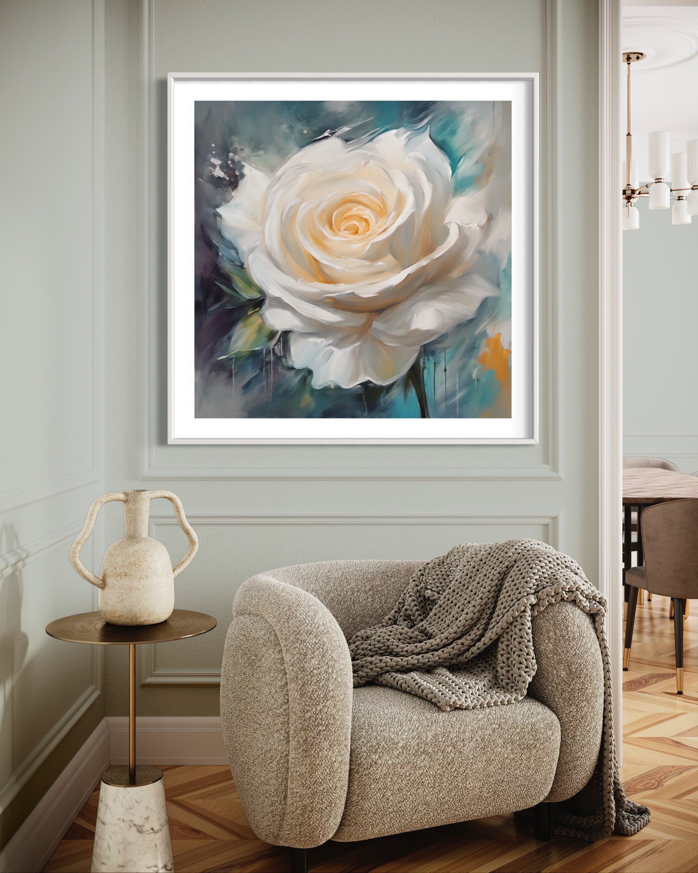 White Rose Painting: Large Floral Acrylic Art - Etsy
