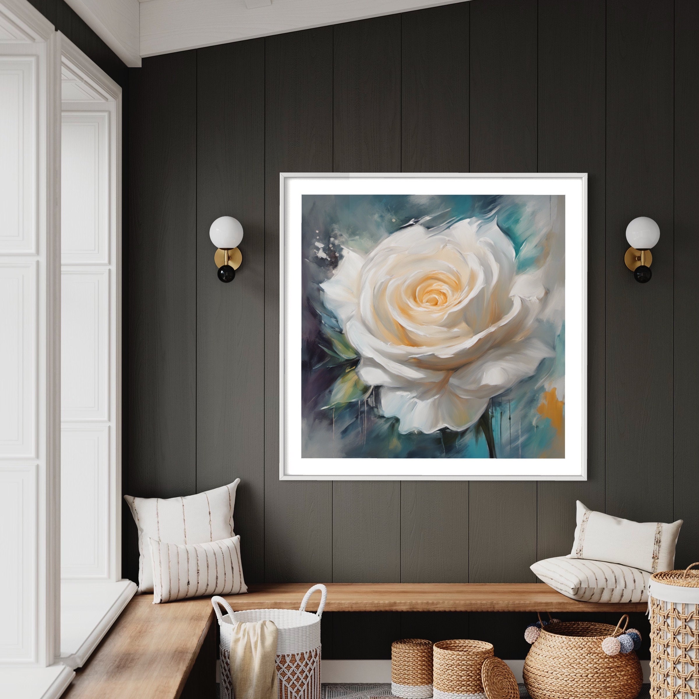 White Rose Painting: Large Floral Acrylic Art - Etsy