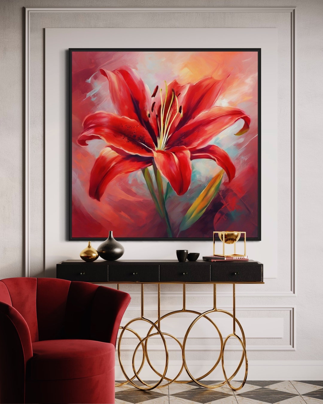 Lily Painting Large Red Lily Artwork Bright Floral Painting Art Square ...