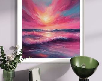 Sunset Acrylic Painting on Canvas, Original Hand-painted Orange & Pink ...