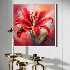 Lily Painting Large Red Lily Artwork Bright Floral Painting Art Square ...