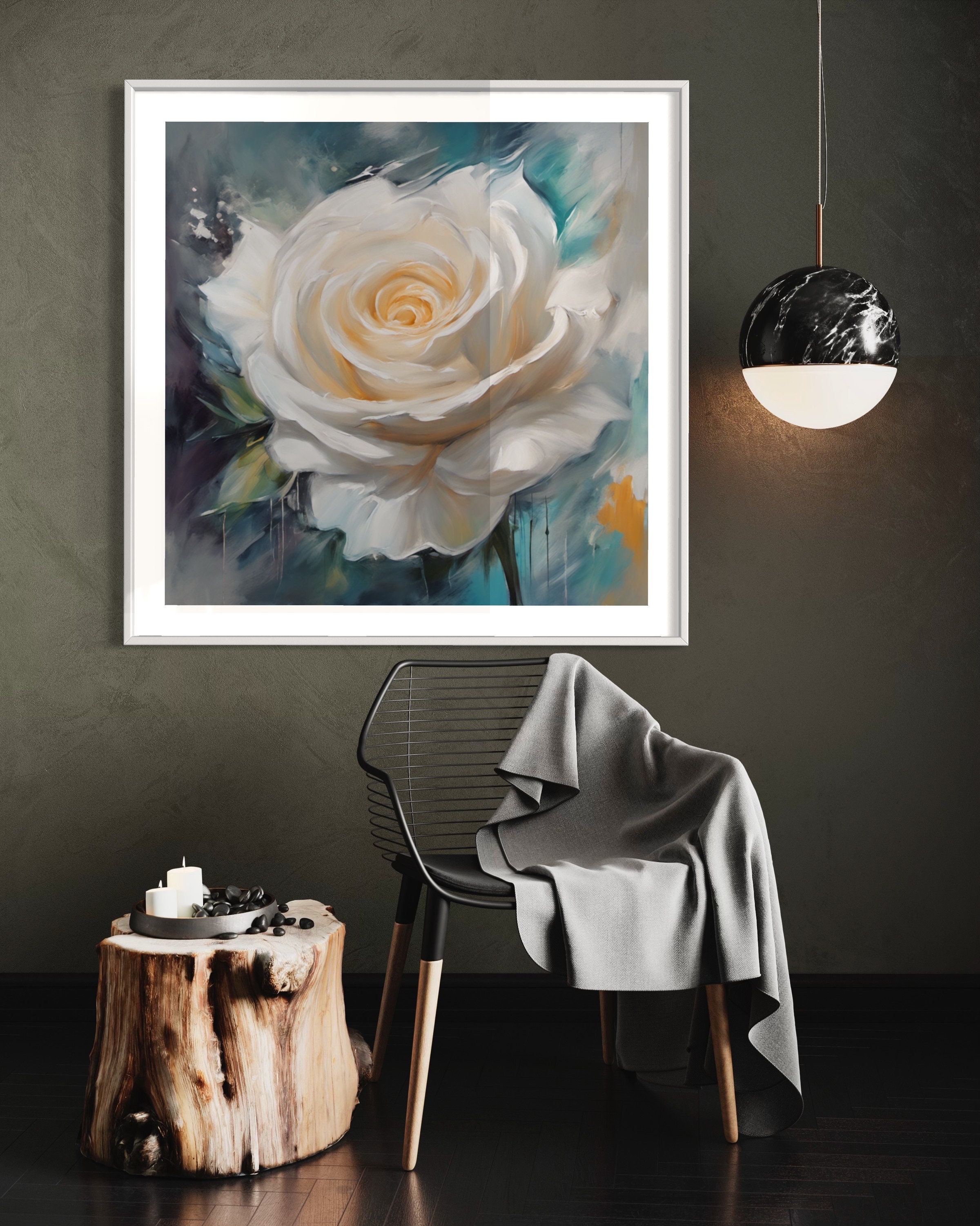 White Rose Painting: Large Floral Acrylic Art - Etsy