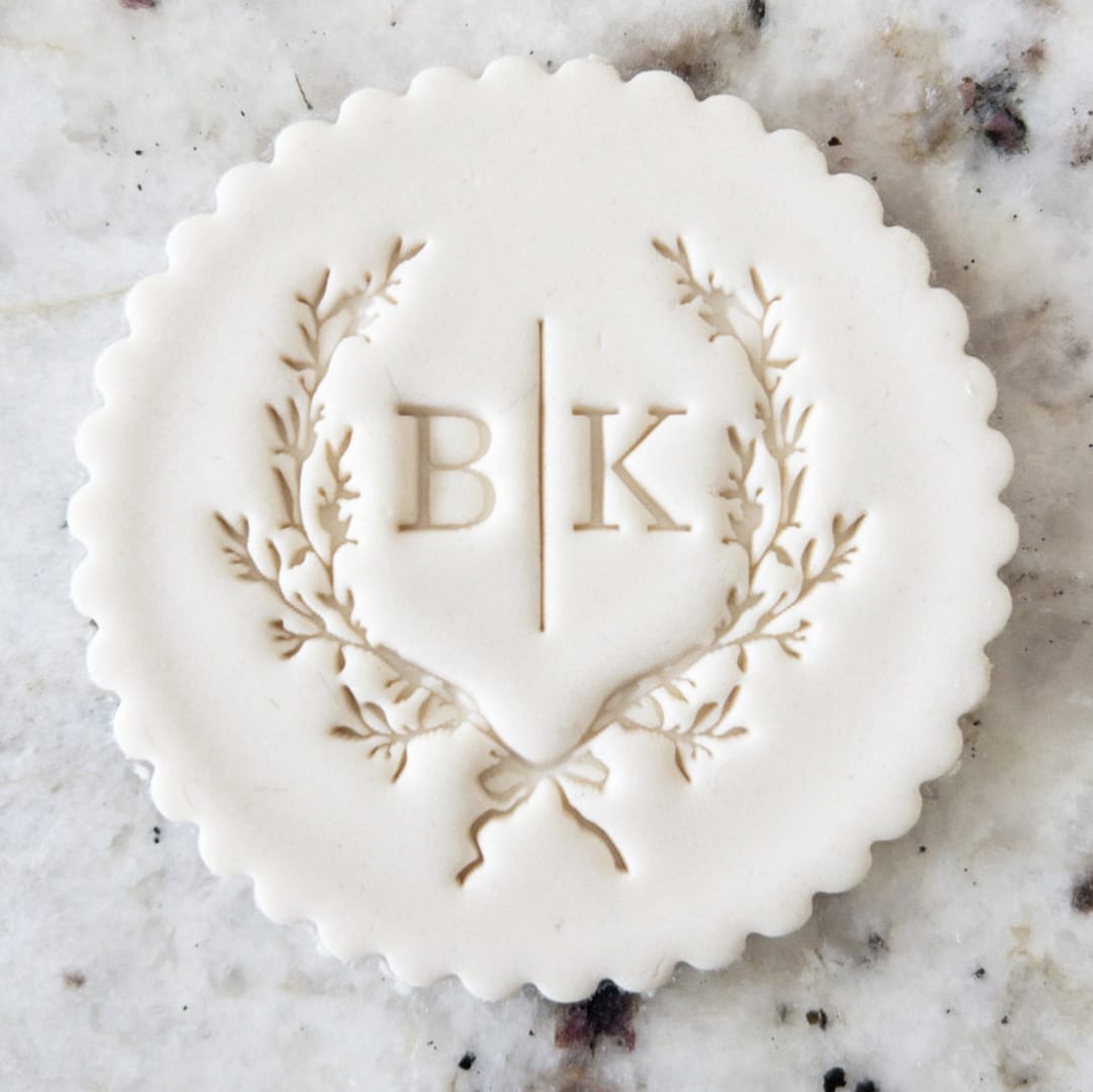 CUSTOM Wedding Initials With Wreath and Line Detail Cookie Biscuit Stamp Fondant Cake Decorating ...